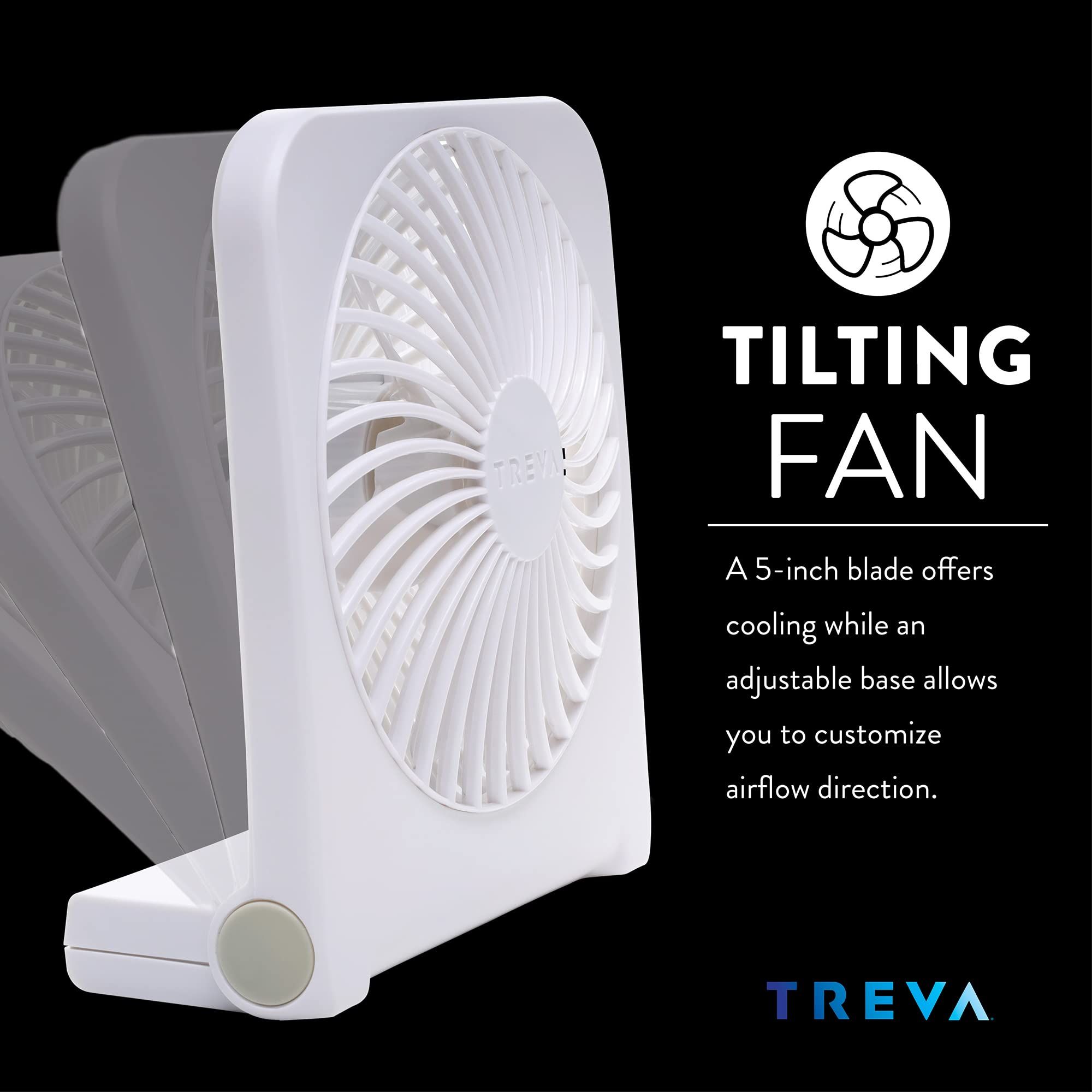 Treva 5-Inch USB and Battery Powered Desk Fan With Two Cooling Speeds and Adjustable Tilt, Small USB Fan Cubicle Accessories Durable and Long Lasting (White)