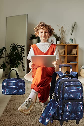 Egchescebo 18" School Kids Rolling Backpack for Adults With Wheels Trolley Wheeled Backpacks for Boys Students Travel Bags Adults With Lunch Box Pencil bag 3PCS Navy Blue