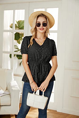 GRACE KARIN Women's Peplum Tops 2023 Summer V Neck Ruffle Short Sleeve Blouse Jacquard Flowy Shirt Tunic Top Black