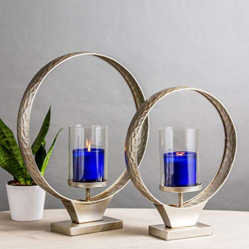 Foreside Home & Garden Large Hammered Metal Round Ring Pillar Candle Holder, Small, Silver