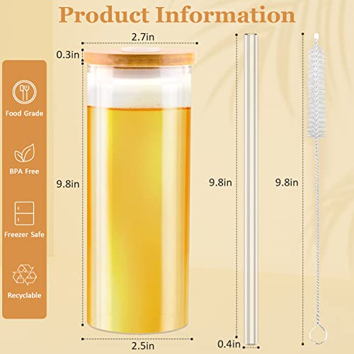 Glass Cups with Lids and Straws, 20 OZ Drinking Glasses with Bamboo Lids, Can Shaped Glass Cups, Reusable Clear Iced Coffee Cups for Smoothie, Juice, Milk, Whiskey, Soda, Tea, Water- 2 Pack