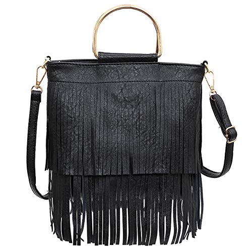 Ayliss Women Fringe Tassel Crossbody Bag Leather Shoulder Bag Hobo Handbag (Black)