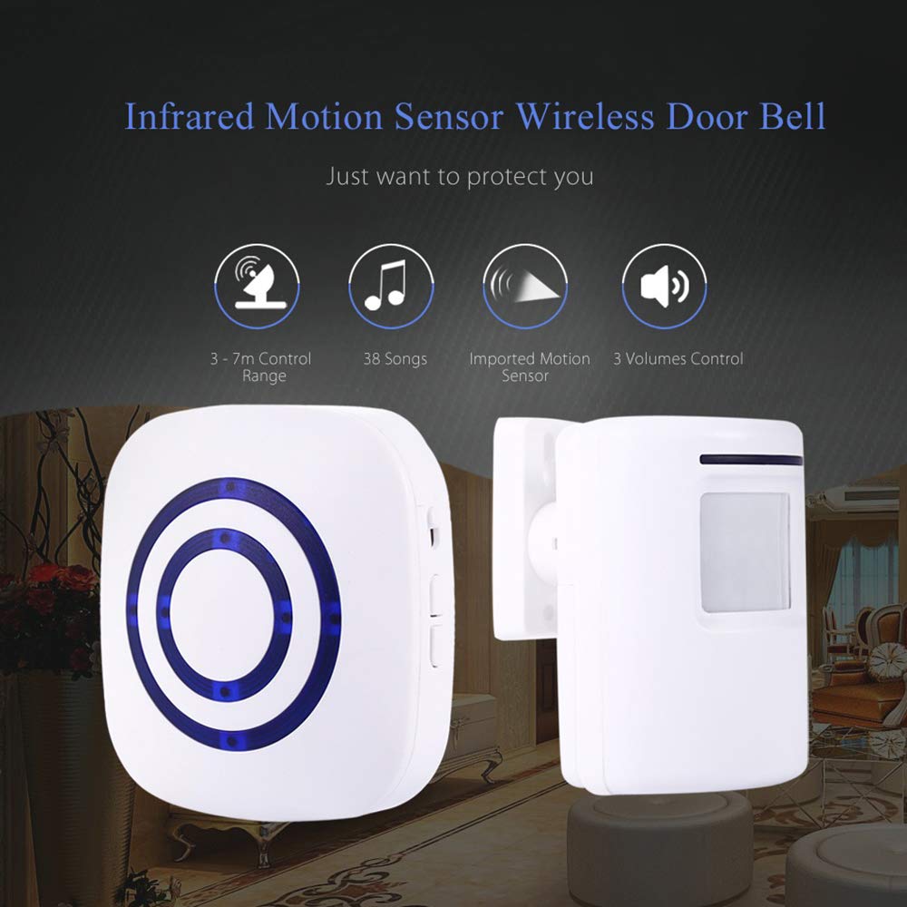 Home Security Motion Sensor Alarm Outdoor, Wireless Driveway Alert: Infrared Motion Sensor Chime Doorbell with 1 Plug-in Receiver and 2 PIR Motion Sensor Detector Alert - 38 Chime Tune - LED Indicator