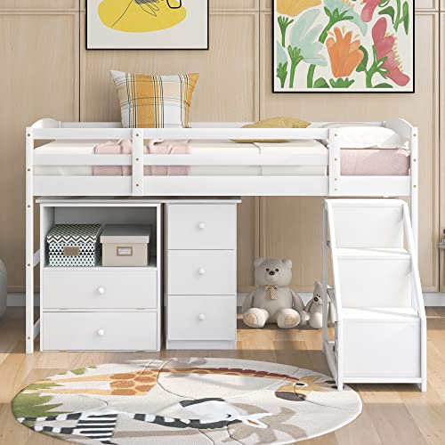DEYOBED Twin Size Wooden Loft Bed Frame with Movable Desk and Storage Staircase - Elevate Sleep and Organization for Kids and Teens