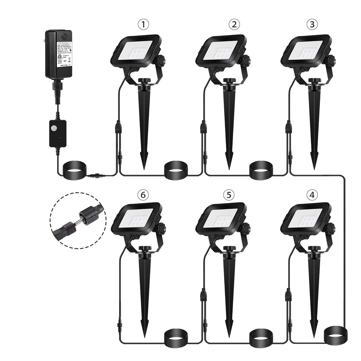 Ucomeuni Outdoor LED Flood Light 6 in 1 Color Changing LED Lighting 12V Landscape Lights with UL Adapter IP66 Waterproof Garden Pathway Light with Metal Spike Stand for Yard, Lawn, 6 Pack, Black