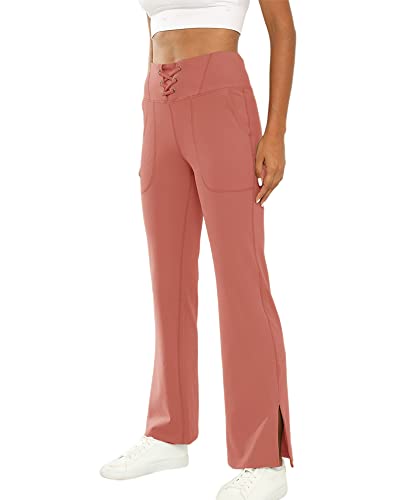 Aurgelmir Women's High Waisted Flare Bootcut Pants Split Hem Wide Leg Athletic Running Yoga Leggings with Pockets Pink