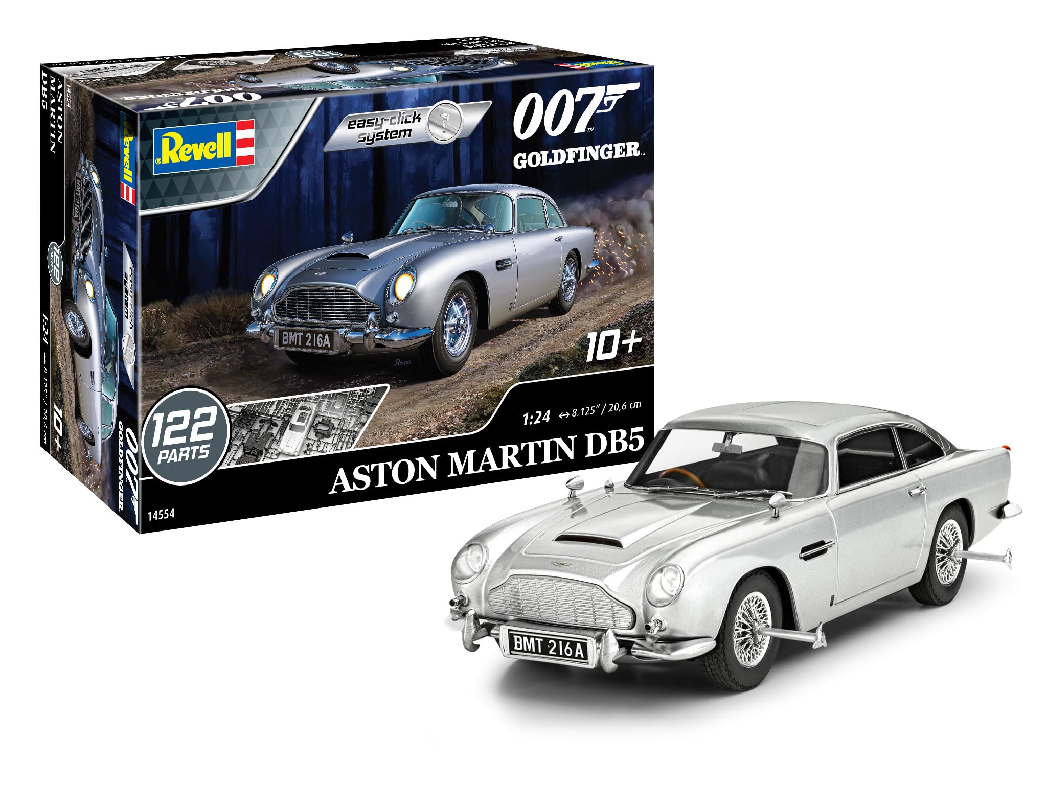 Revell 14554 Aston Martin DB5 James Bond 007 Goldfinger 1:24 Scale 122-Piece Skill Level 2 Model Car Building Kit, Silver