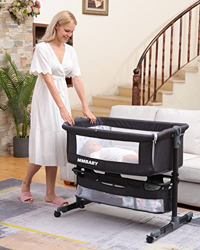 MMBABY Baby Bassinet Bedside Sleeper Bedside Crib Easy Folding Portable Crib 3 in 1 Travel Baby Bed with Adjustable Height,Breathable Net,Large Storage Bag and Mattress