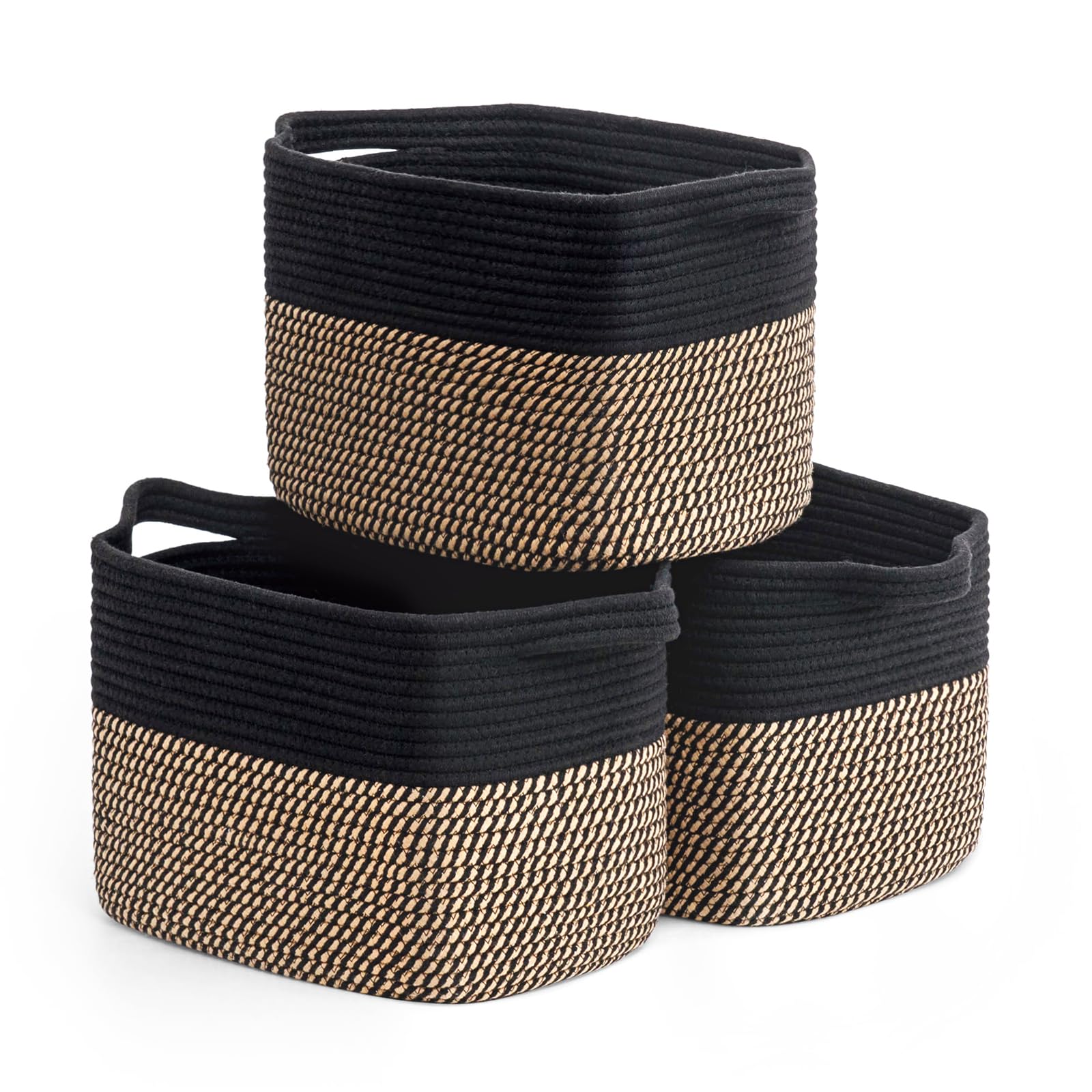 Goodpick Black Woven Rope Basket Set of 3, Shelf Storage Baskets for Books, Towels, clothes, Rectangle Decorative Basket for Living Room, Bedroom, Toy Bin for Nursery