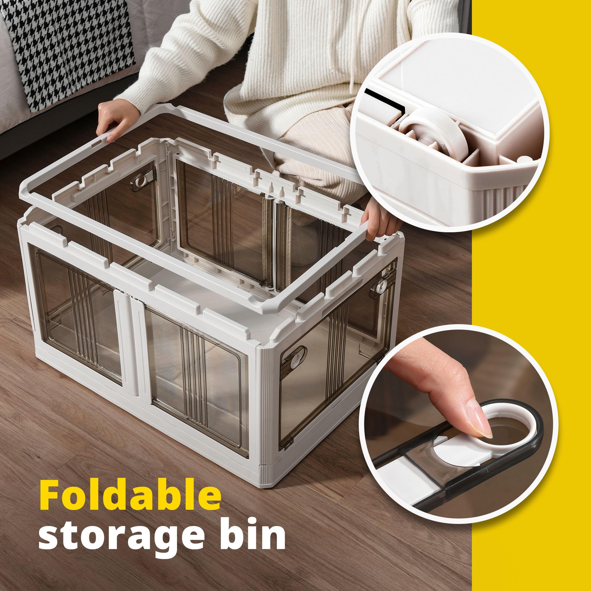SET of 3 Large Stackable Folding Storage Bins -14.5Gal-58QT Each. Collapsible Polypropylene Bins with Wheels & 5 Doors. Very Easy to Assembly. Perfect for Bed&Bathroom & Closet Organizer