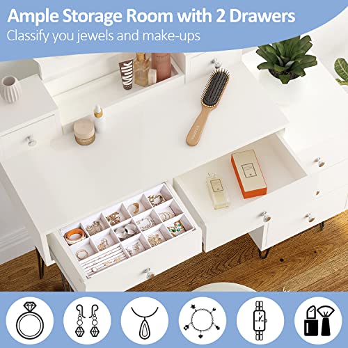 Fameill Makeup Vanity Desk with Lighted Mirror,White Vanity Table Set with Round Mirror,3 Color Touch Screen Dimming Mirror,7 Drawers Bedroom Dressing Table with Soft Cushioned Stool