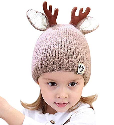 Cute Reindeer Antlers Baby Beanie Soft Warm Crochet Knitted Hat for Toddler Girls Boys Pink