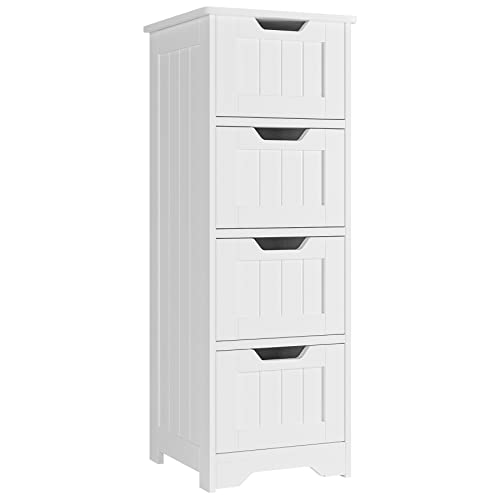 FOTOSOK Bathroom Storage Cabinet, Side Cabinet with 4 Drawers, 11.8โ x 11.8โ x 32.5โ Freestanding Bedside Table Entryway Cupboard Storage Organizer Unit Home Furniture Decor, White