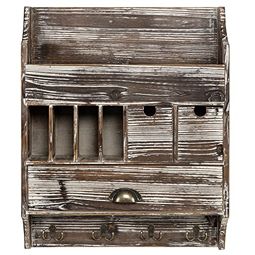 MyGift Torched Wood Entryway Wall Organizer with Mail Holder Organizer, Accessories Storage Compartments, Pull Out Drawers and Dual Key Hooks