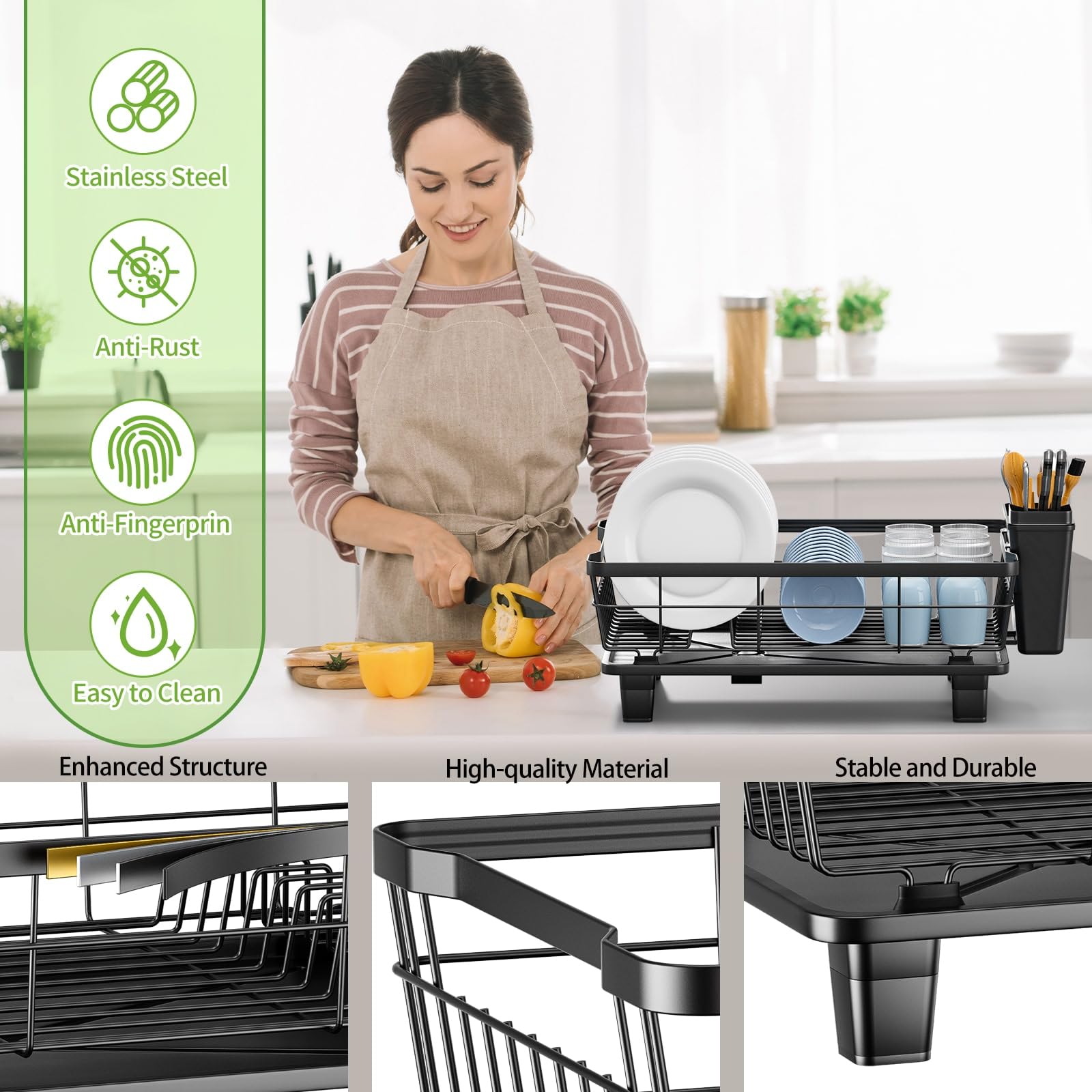 DMTXCRP Dish Drying Rack with Drainboard for Kitchen Counter, Large Capacity Durable Rustproof Stainless Steel Dish Drainer Rack with Removable Flatware Caddy -Black