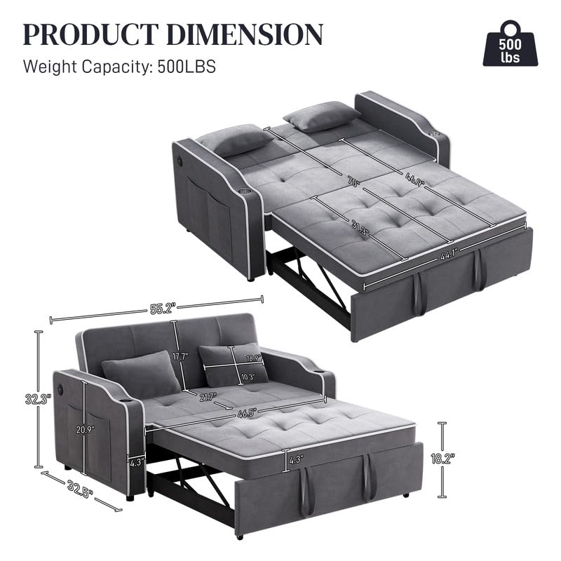 DAMAIFROM Sleeper Sofa Bed with USB Port, Velvet Pull Out Couch Bed, 3-in-1 Convertible Upholstered Loveseat Sofa,Velvet Futon Couch with Adjustable Backrest for Living Room,Dark Grey