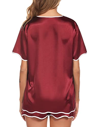 eshion Women's Short Sleeve Pjs Silk Pajama Top with Shorts Set Comfortable Summer Loungewear (Wine Red,XXL)