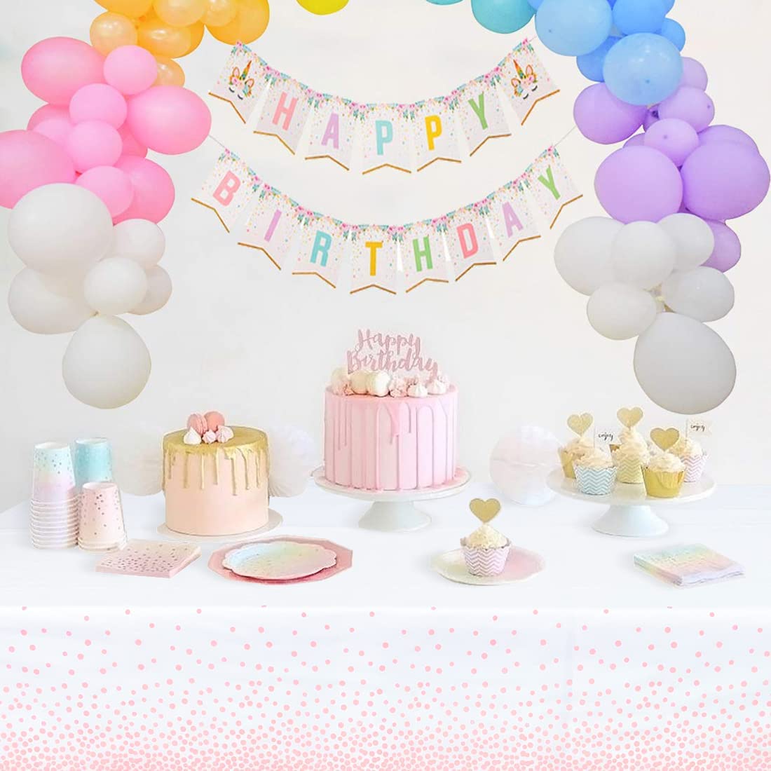 Mulbozy 2 Pcs Rose Pink Dot White Plastic Tablecloth for Rectangle Table, Rose Pink Dot Confetti Party Table Covers for Baby Shower, Wedding, Anniversary, Birthday Party Decoration, 54 × 108 inches