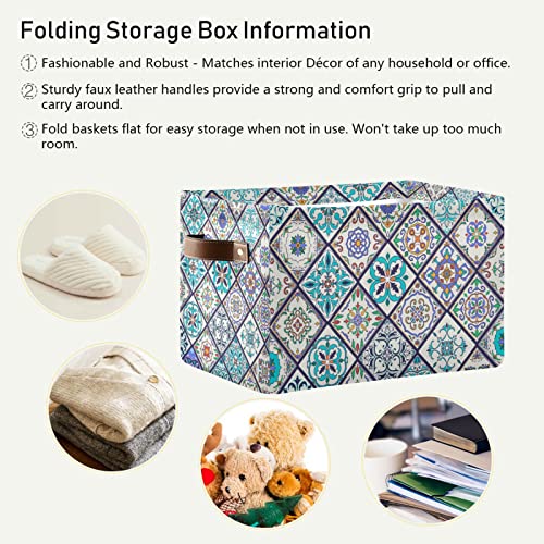 Foldable Storage Basket Blue Tartan Pattern Fabric Collapsible Organizer Basket with PU Handles, Decorative Baskets for Shelves Home Closet Bedroom Living Room - 1 Pack