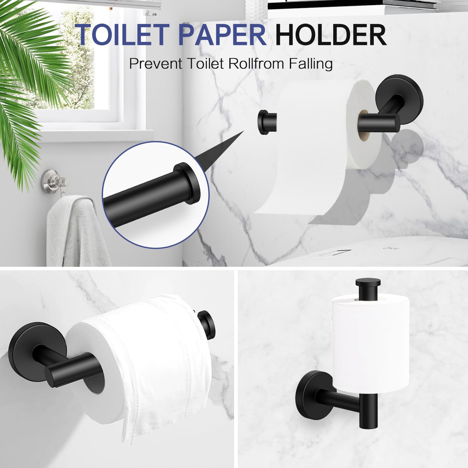 Black Bathroom Hardware Towel Holder 5 Pieces,Matte Towel Racks for Bathroom Set includes 15"-24.5" retractable Towel Bar,Towel Ring,Toilet Paper Holder,Robe Towel Hooks