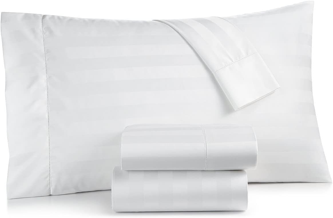 Damask Stripe Queen Size 7-Piece Duvet Cover and Bed Sheet Set 17 inch Deep Pocket - Complete Luxury Soft 1000 Thread Count 100% Egyptian Cotton Bedding Set - White