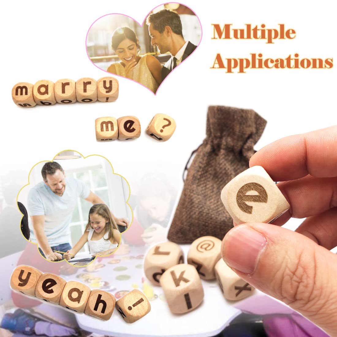 Hometu 5Pcs/Set 20MM Wooden Letter Dice Set, 6-Sided English Letter Pattern Engraved Wood Rolling Dices with Linen Bag, Yellow