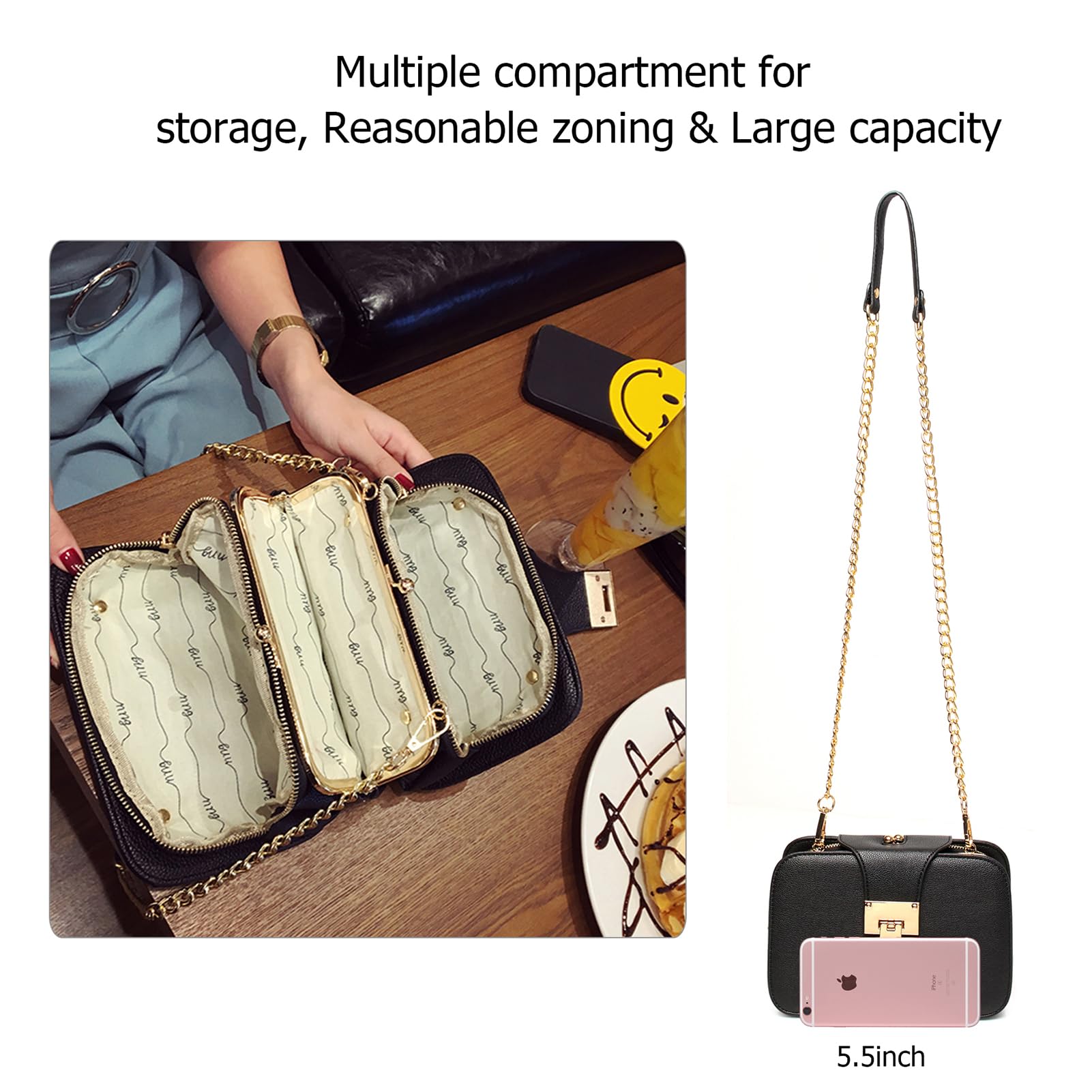 forestfish Ladies’ Black PU Leather Shoulder Bag Purse Evening Clutch Bags Crossbody Bag with long Metal Chain Strap, Black