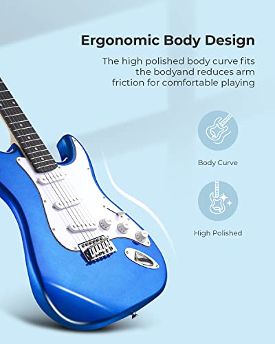 Electric Guitar 39 Inch Full Size Electric Guitar Beginner Starter Kit Bundle with Folding 10W Amp for Adults Teens,Metallic Blue, by Vangoa