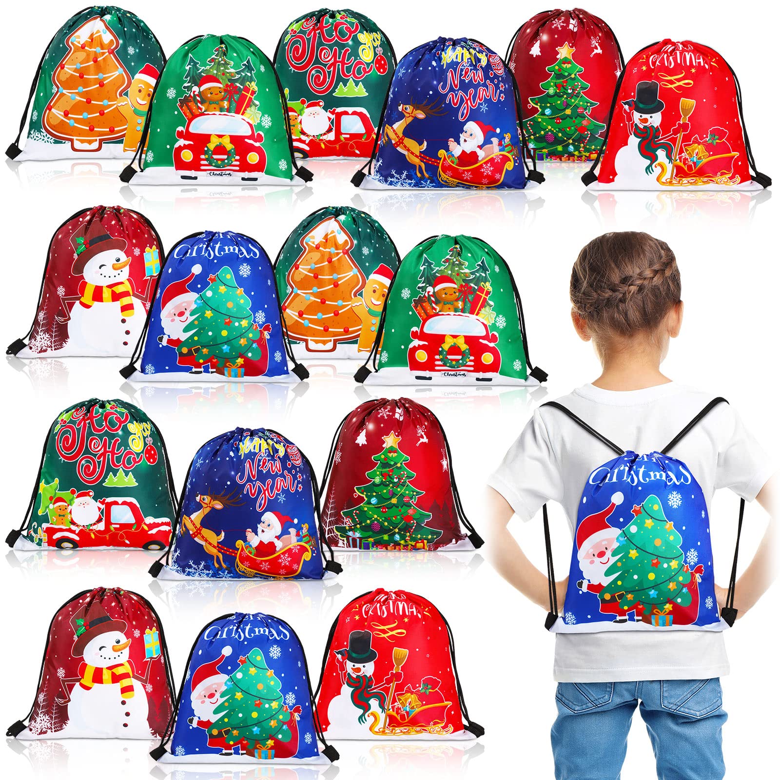 Mixweer 24 Pcs Christmas Drawstring Gift Bags Bulk Xmas Kid Snowman Goodies Snack Treat Presents Wrapping Reusable Children Birthday Party Sport Supplies 12 x 10 Inch (Vivid Style)