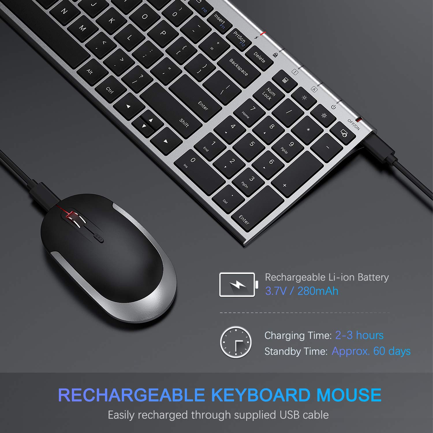 Bluetooth Keyboard Mouse, Multi-Device Wireless Keyboard Mouse Combo, Ultra Slim, Rechargeable, Dual-Mode(Bluetooth 4.0 + USB), for Windows/Mac OS (Black Silver)