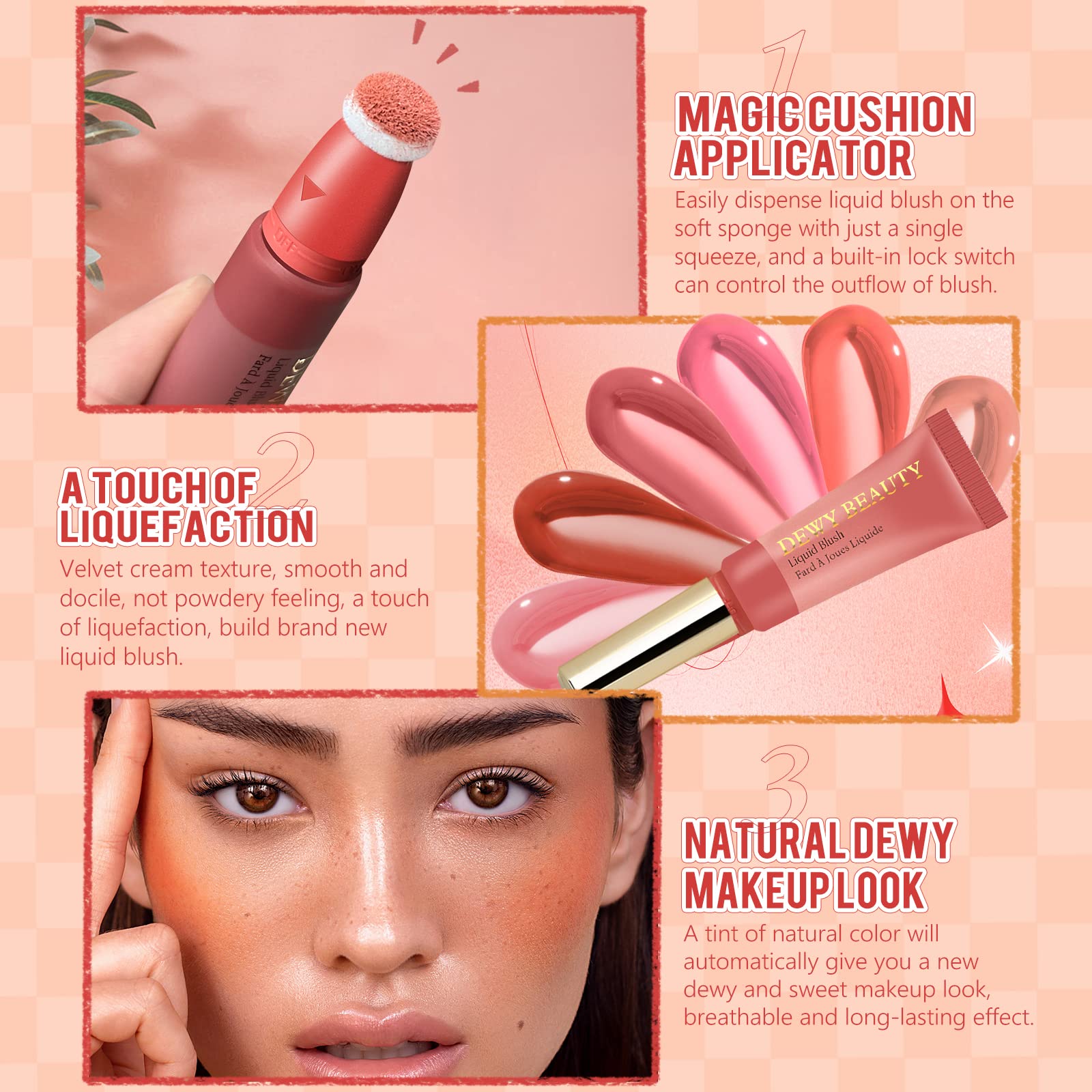BEFIVECOK 3Pcs Liquid Blush Makeup Wand Set, Soft Cream Blush Stick with Cushion Applicator for Cheeks, Natural Creamy Formula, Lightweight Blendable Dewy Finish, Long-wearing Creme Blush Wand (Set B)