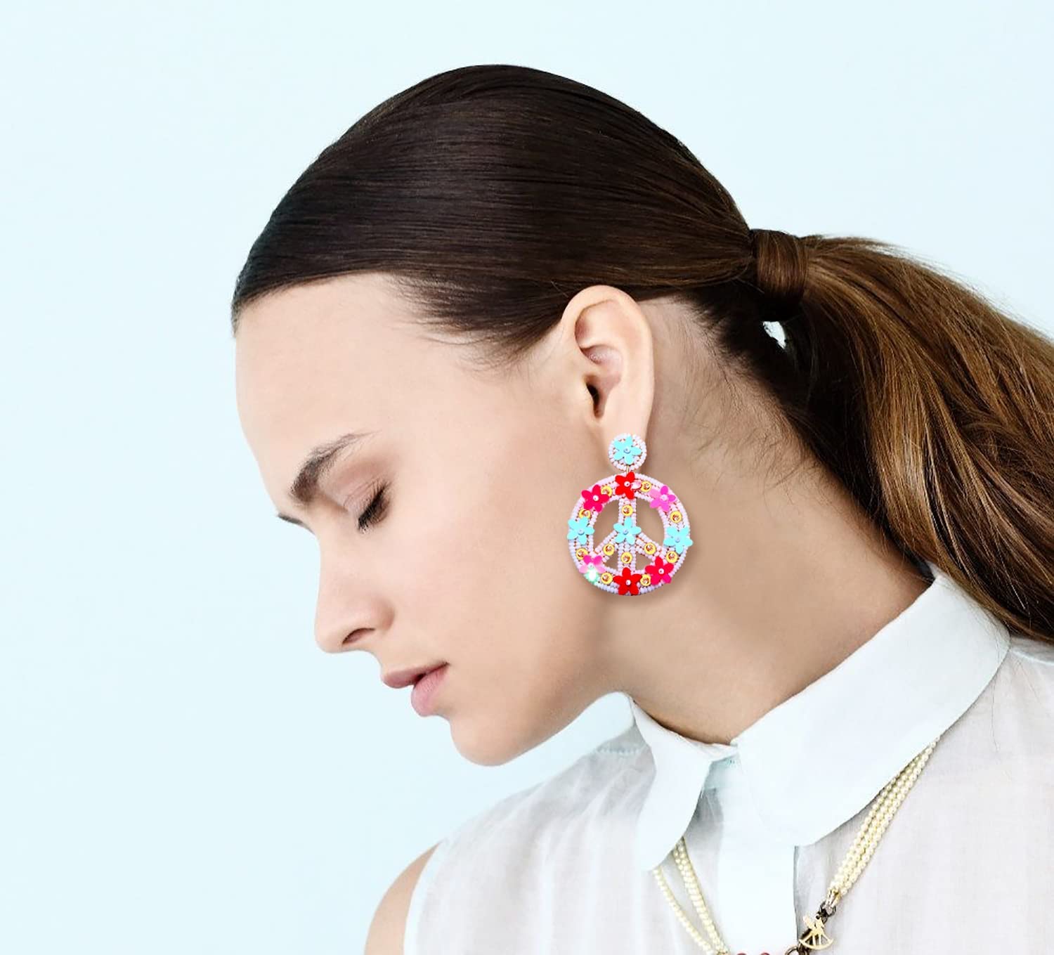 Beaded Dangle Earrings for Women Dangling Flower Hoop Earrings Peace Sign Drop Earrings Statement Handmade Boho Fashion Spring Summer Earring Studs Jewelry Gifts