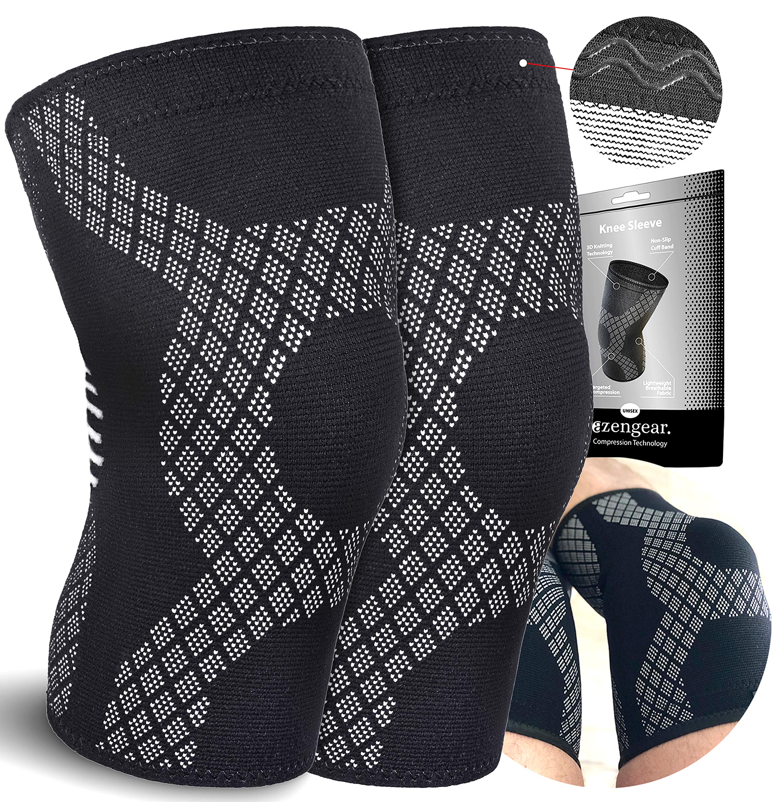 aZengear Arthritis Knee Sleeves (Pair) - Thin Brace for Running, Meniscus Tear, Knee Compression Support, ACL, MCL, Joints Pain, Ligament Injury, Squats (XL)