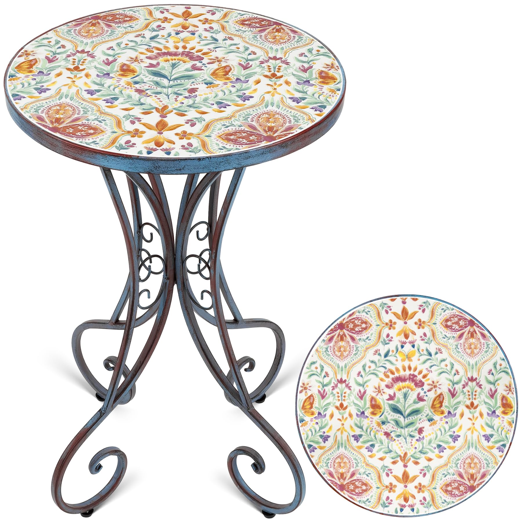 Frstem Mosaic Patio Table and Plant Stand, Outdoor Side Table for Patio with 14" Ceramic Tile Top, Weather Resistant Metal Round End Table Accent Table for Yard Porch Balcony Garden Bedside, Blossom