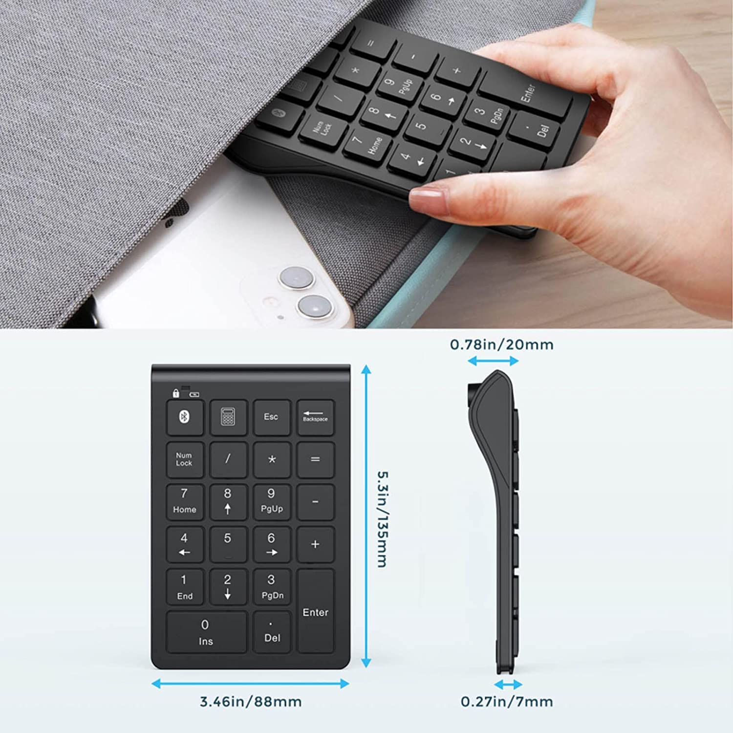 Bluetooth Number Pad for Laptop, Acedada Wireless Number Pad, USB C Rechargeable, 22-Keys Bluetooth 10 Key Numeric Keypad for Laptop, Computer, Mac, MacBook Air/Pro, iPad, Windows