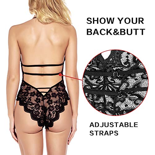 CUTER Women Lace Teddy Lingerie One Piece Sexy Strappy Bodysuit Naughty Babydoll Black