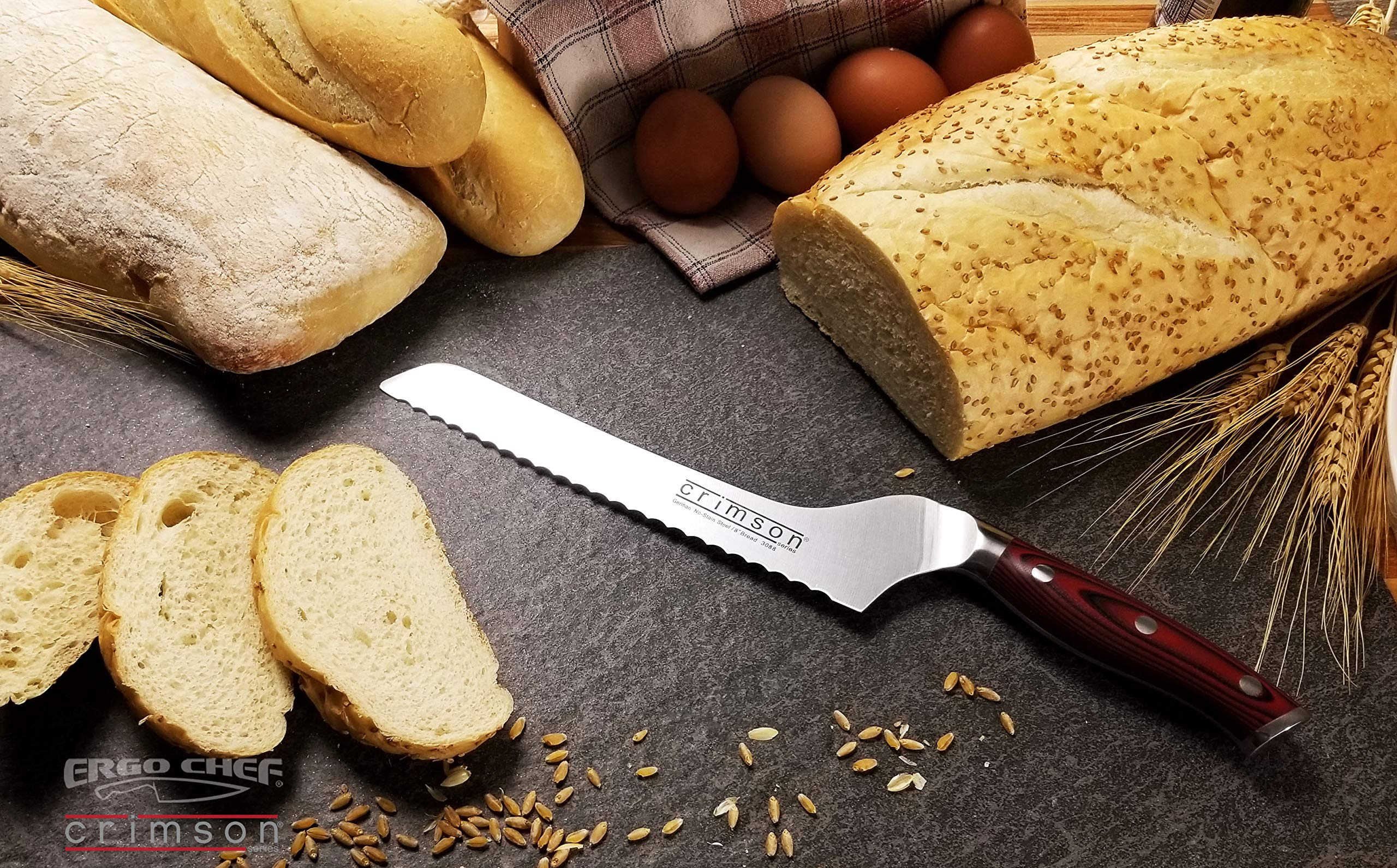 Ergo Chef Crimson Series Serrated Offset Bread & Deli Knife, 8-inch - Forged German X50CrMoV15 High-Carbon Stainless Steel - G10 Handle
