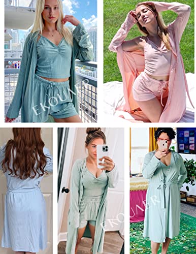 Ekouaer 3 Piece Lounge Sets for Women Cami Shorts Pajama Set with Belted Robe Matching Loungewear Light Blue