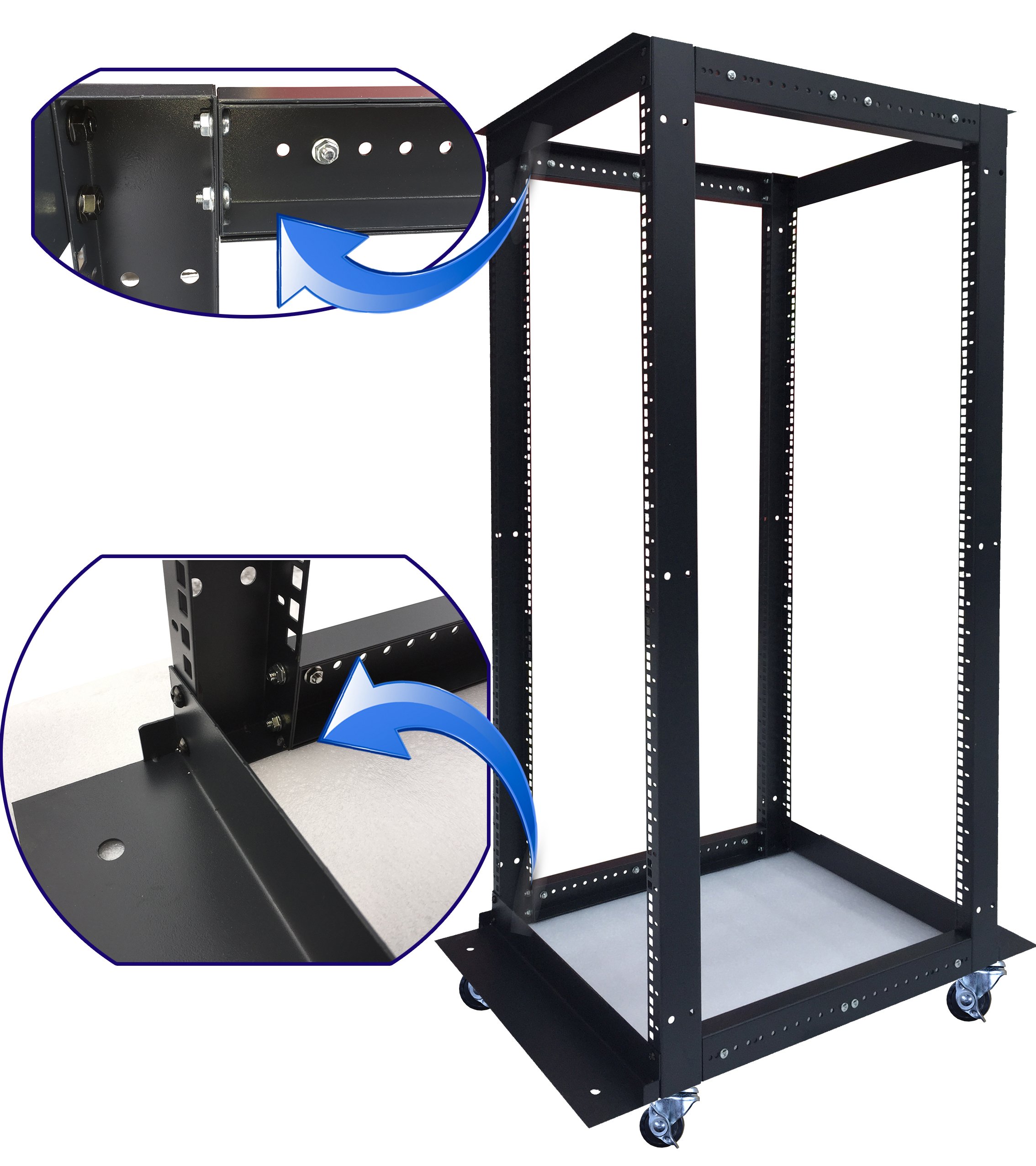 Sysracks 4 Post Open Frame Server Rack Mobile Relay with Wheels Casters for 19" Network Server AV IT Equipment Gear Rack Cabinet Adjustable Depth 24"-37" (32U (62" H x 21" W))