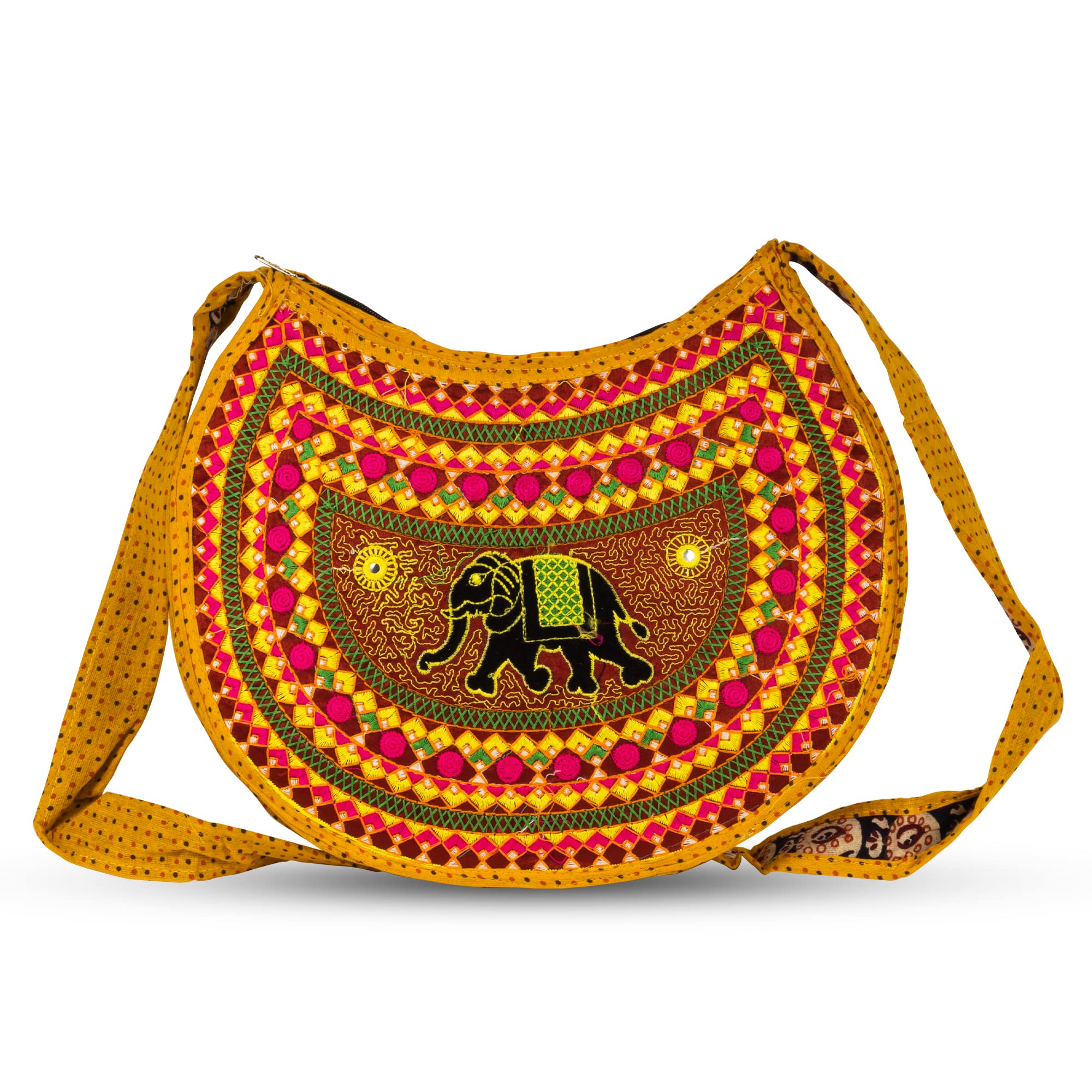 North Creed Crossbody Elephant Flora Embroidery Shoulder Bag, Indian Ethnic Travel Handbag with Zipper Pocket- Yellow
