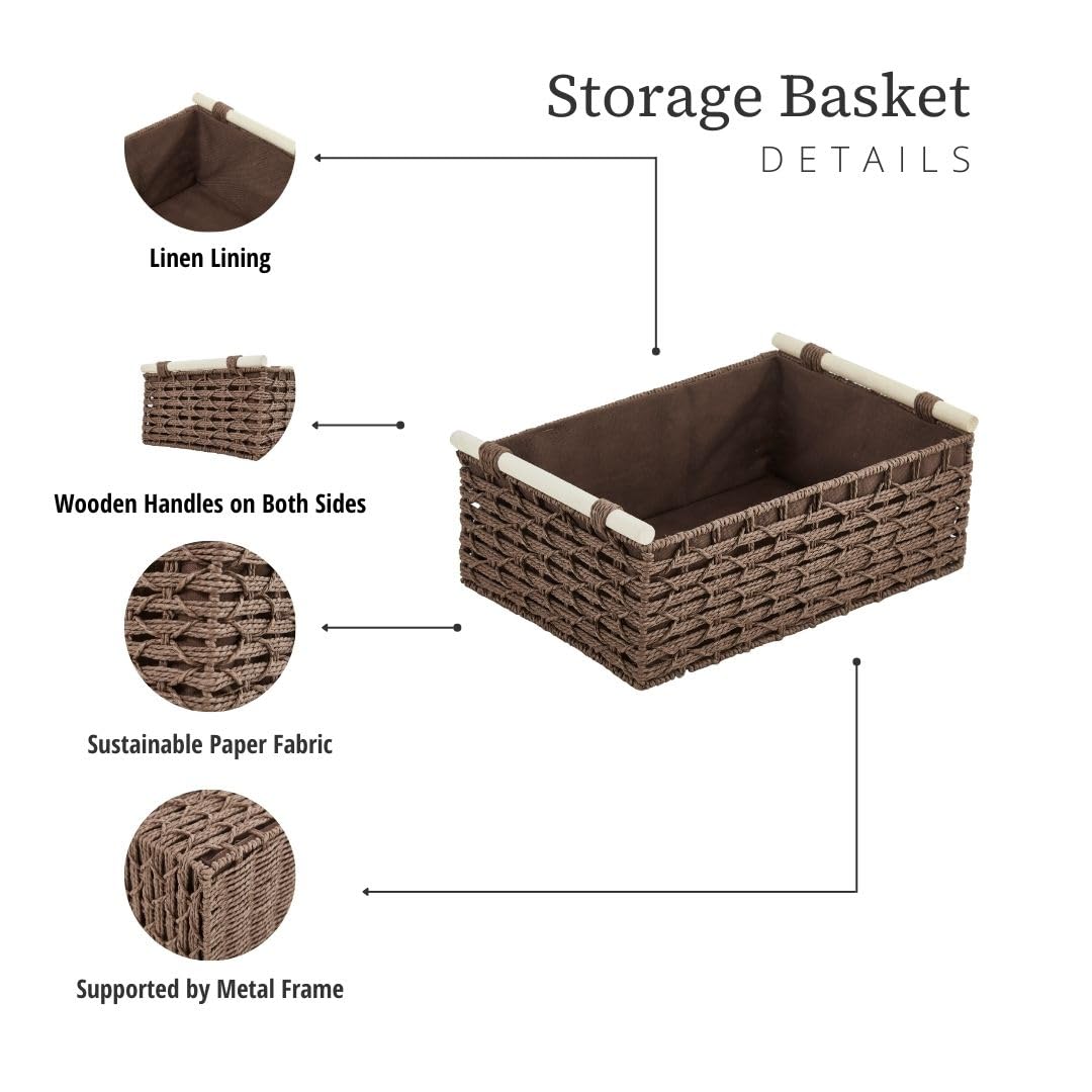 DECOMOMO Wicker Storage Basket, Toilet Paper Basket for Organizing Storage, Paper Rope Baskets with Liner and Wooden Handles for Shelves Cosmetics Books (Brown β 3 Pack)