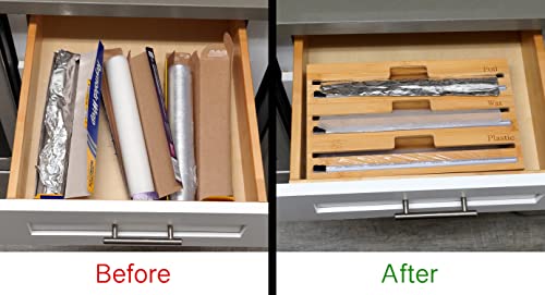 Food Wrap Organizer For Kitchen Cabinets - 3-in-1 Dispenser With Cutters For Plastic Wrap, Aluminum Foil and Wax Paper - Bamboo Organizer With Magnetic Drawer - Fits 12” Rolls