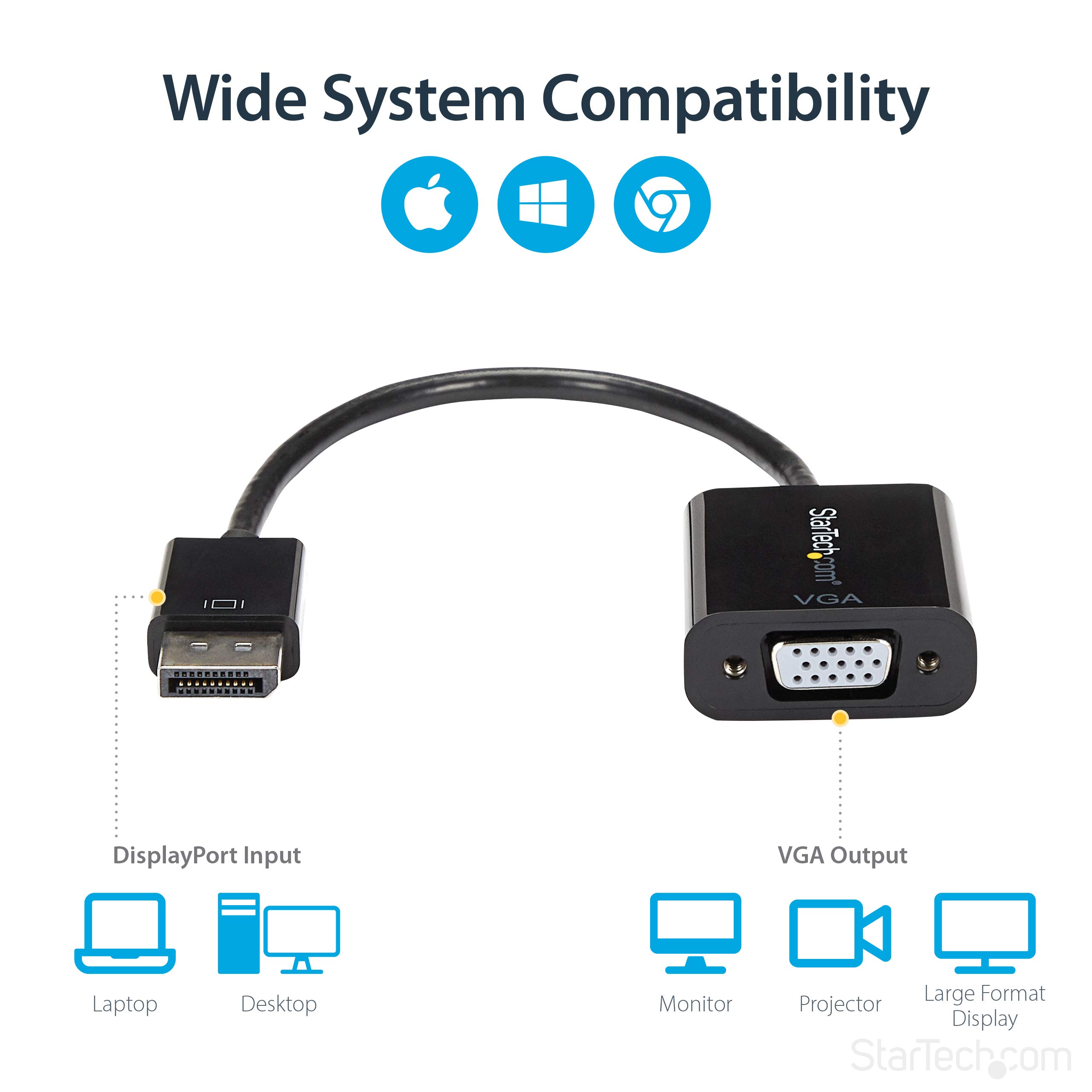 StarTech.com DisplayPort to VGA Adapter - Active DP to VGA Converter - 1080p Video - DP/DP++ Source to VGA Monitor Cable Adapter - DP to VGA Adapter Dongle Digital to Analog - DP 1.2 to VGA (DP2VGA3)