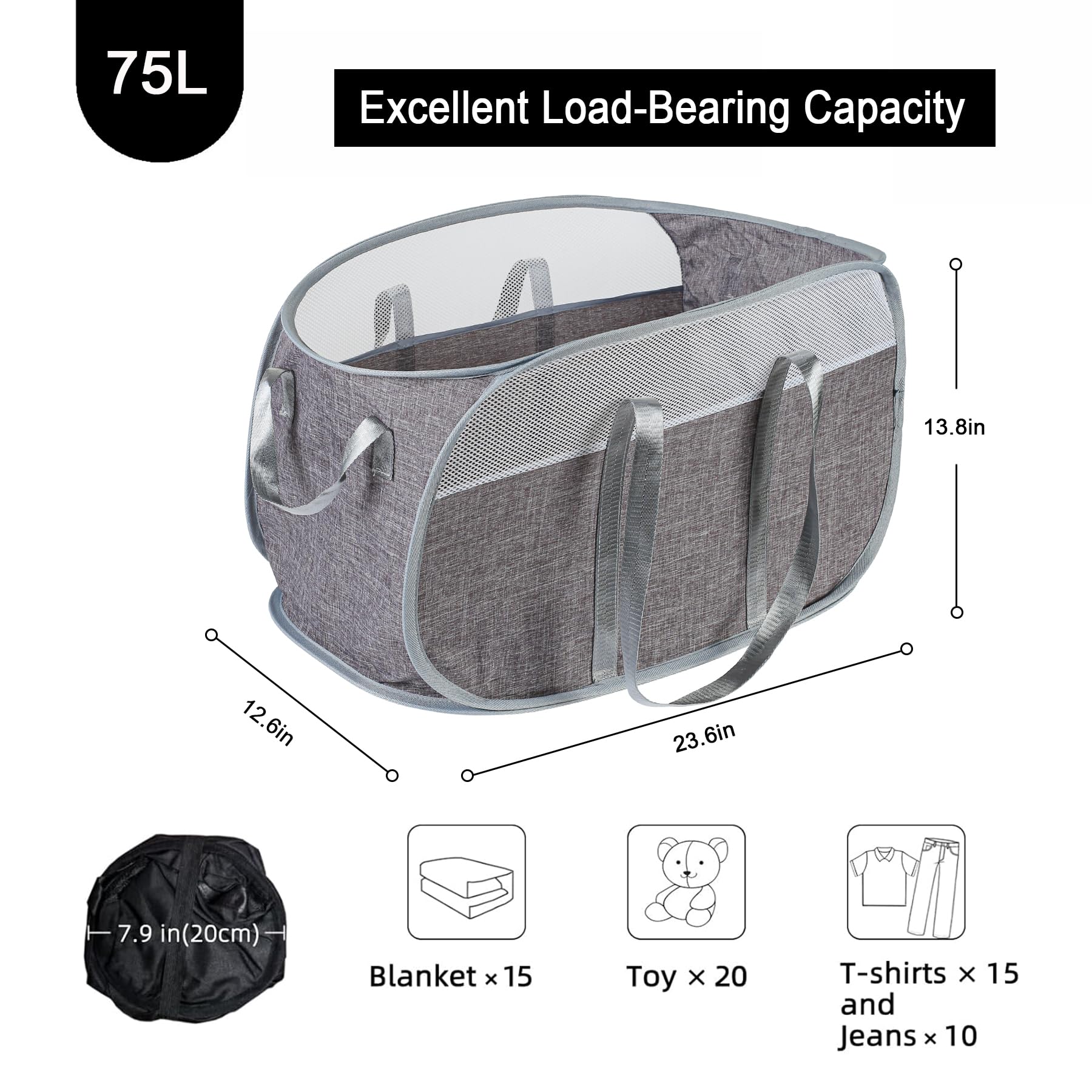 Collapsible Laundry Baskets, Pop Up Laundry Baskets with Reinforced Handles, Lightweight Foldable Laundry Basket for LaundryRoom,Bathroom or Travel (Gray)