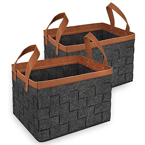 DAKCOS 2 Pack 32L Collapsible Felt Storage Basket,15.3"x11.8"x11.2" Felt Woven Basket with Felt Carry Handles for Toys,Towels,Clothes,Firewood etc.