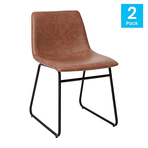 Flash Furniture Butler 18 Inch Commercial Grade LeatherSoft Dining Table Height Chair, Mid-Back Black Sled Base with Light Brown LeatherSoft Upholstery, Set of 2