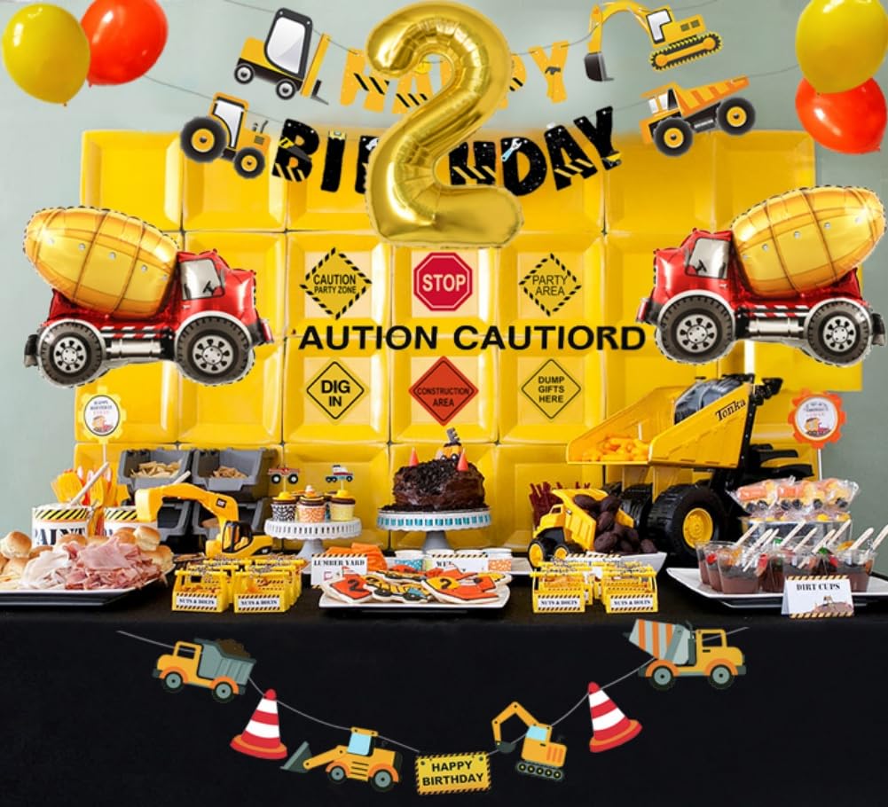 Construction 2nd Birthday Party Supplies Dump Truck Party Decorations Kits Set for Kids Two Years Old Birthday with Cake Toppers Balloons Banners Signs
