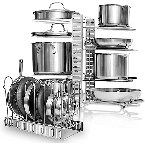 GeekDigg Pot Rack Organizer, Adjustable Height and Position Pots and Pan Rack, Kitchen Counter and Cabinet Pan Organizer Shelf Rack/Pot Lid Holder with 3 DIY Methods - Silver