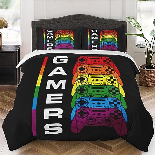 Duvet Cover Full Size, Gamepad Gamer Vintage Red Bedding Set with Zipper Closure for Kids and Adults, Game College Gaming Comforter Cover with 2 Pillow Shams for Bedroom Bed Decor