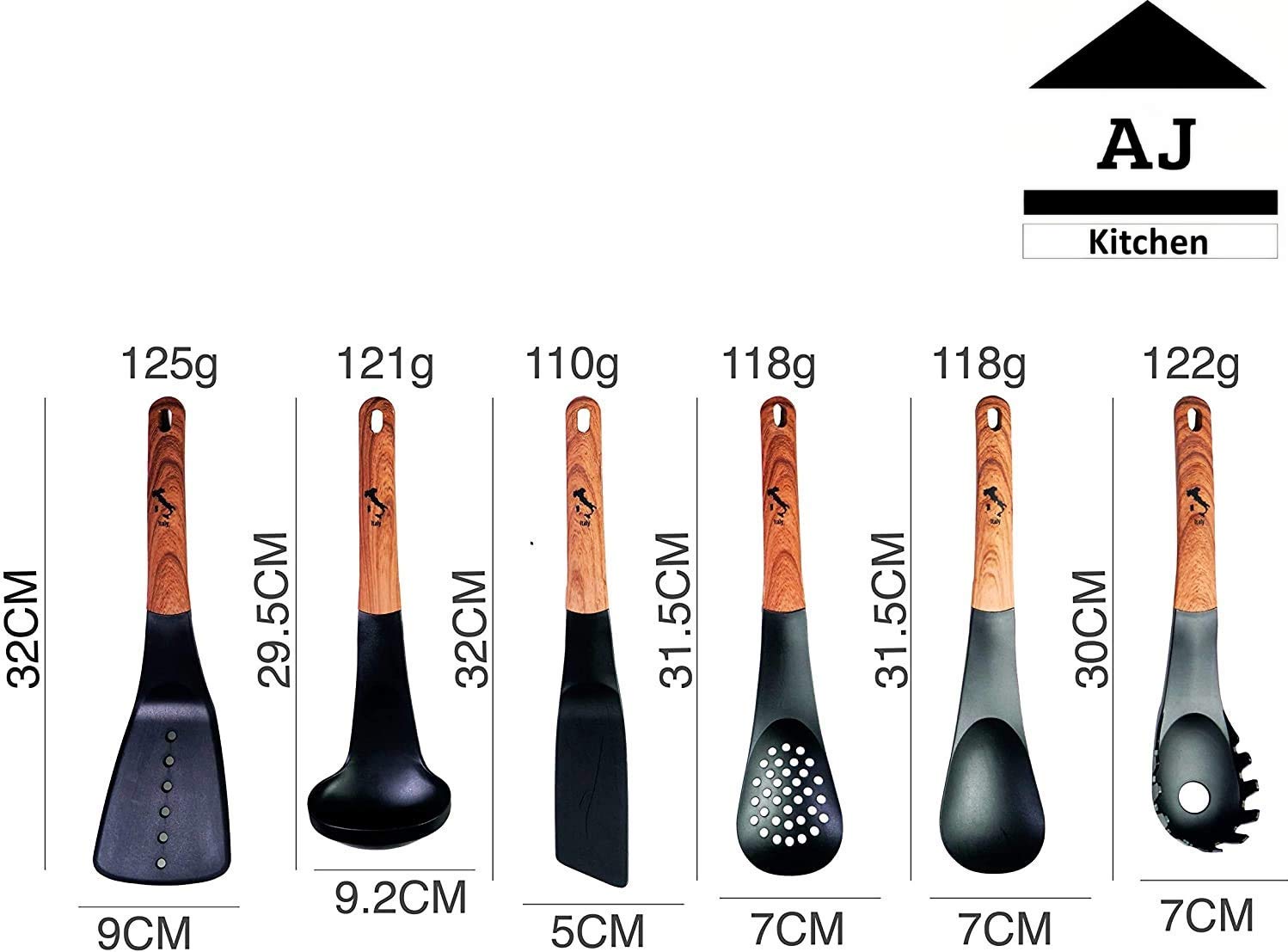 AJ Kitchen Utensils, Utensils Set, Cooking Utensils Set, Kitchen Utensils Set, 7-Pieces Nylon Utensil Sets with Rotating Stand, Non-Stick Cooking Utensils Set, Italian Design.